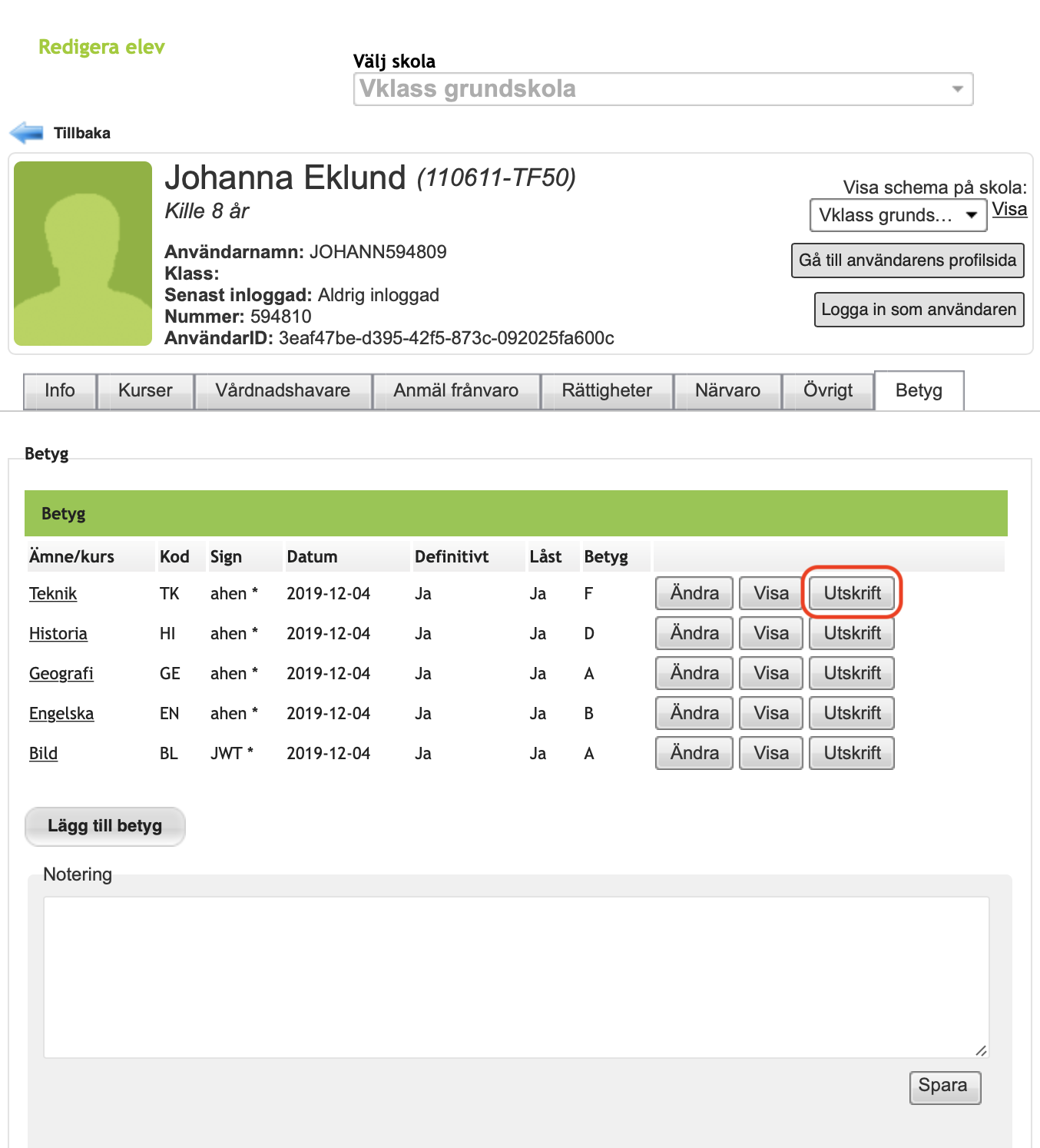 Skriv ut betygskatalog för endast ett betyg (administratör) – Vklass ...